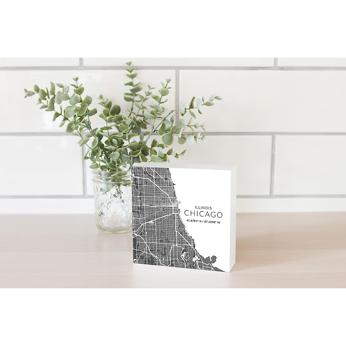 Minimalistic Chicago Map, JoyRide Home Decor Wood Block Sign, 5"x5" Freestanding, Shelf or Wall Displayed, Artist Designed Home Décor.