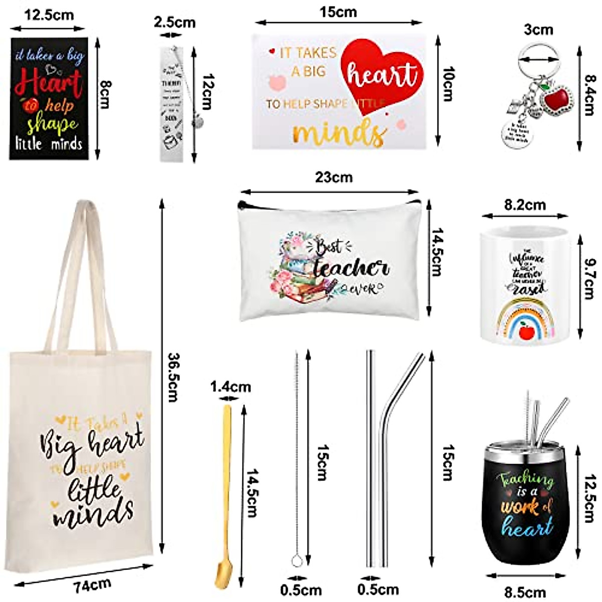 Hotop 11 Pcs Teacher Appreciation Gift Basket for Women Includes Christmas Tote Bag Cosmetic Bag, Wine Tumbler, Bookmark, Ceramic Pen Holder, Apple Keychain, Notebook, Socks and Cards from Students