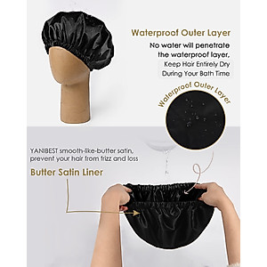 Yanibest Shower Cap for Women - Hair Satin Bonnet Shower Cap for Men Waterproof Extra Large Double Layer Reusable Adjustable for Braids Long Hair (Large,Black)