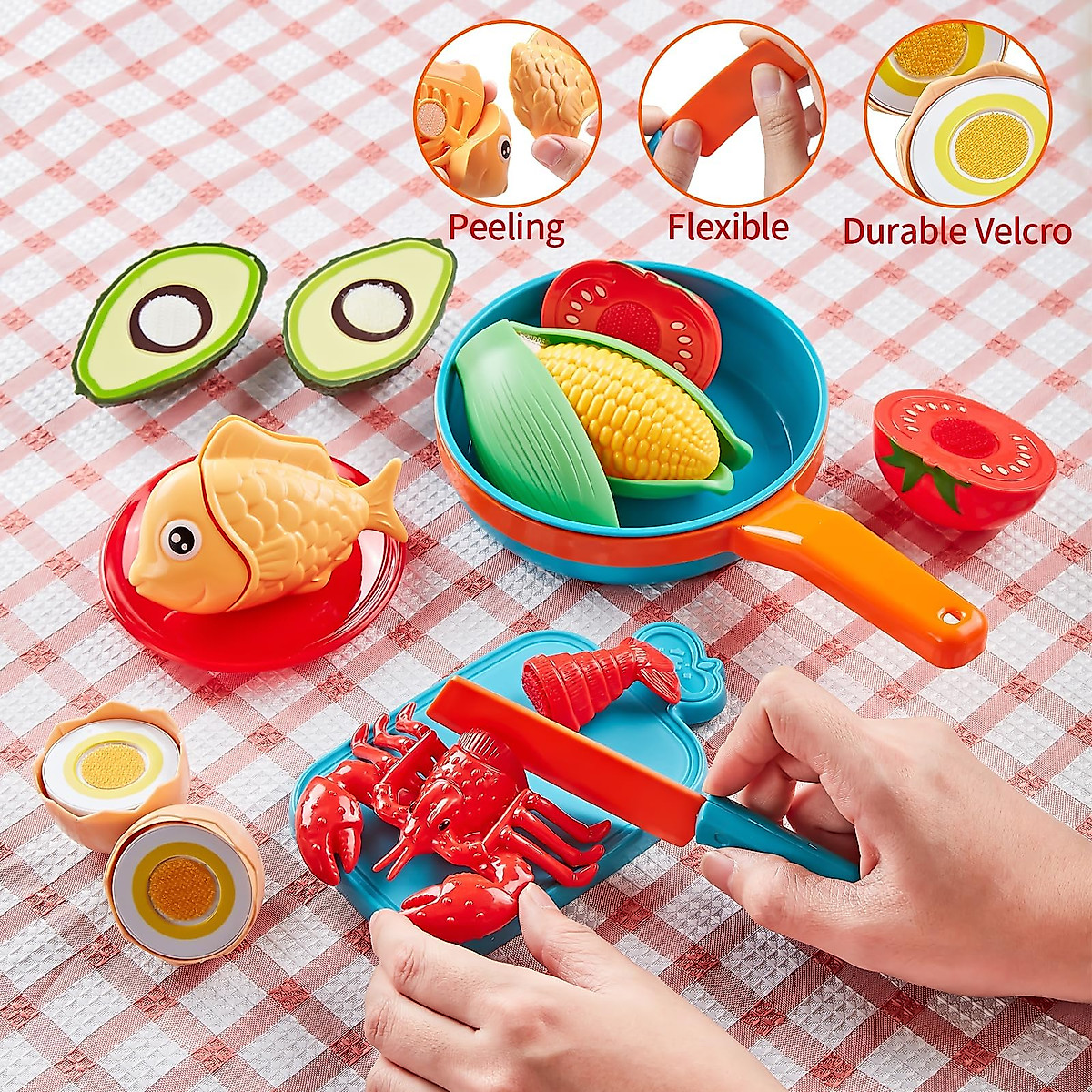 Laugigle Play Kitchen Accessories - 46Pc Kids Kitchen Playset with Kids Pots and Pans Playset, Pizza Toy, Play Food with Play Fruit Veggies, Kitchen Toys, Cooking Utensils Toy, Apron, Boys Girls Gift