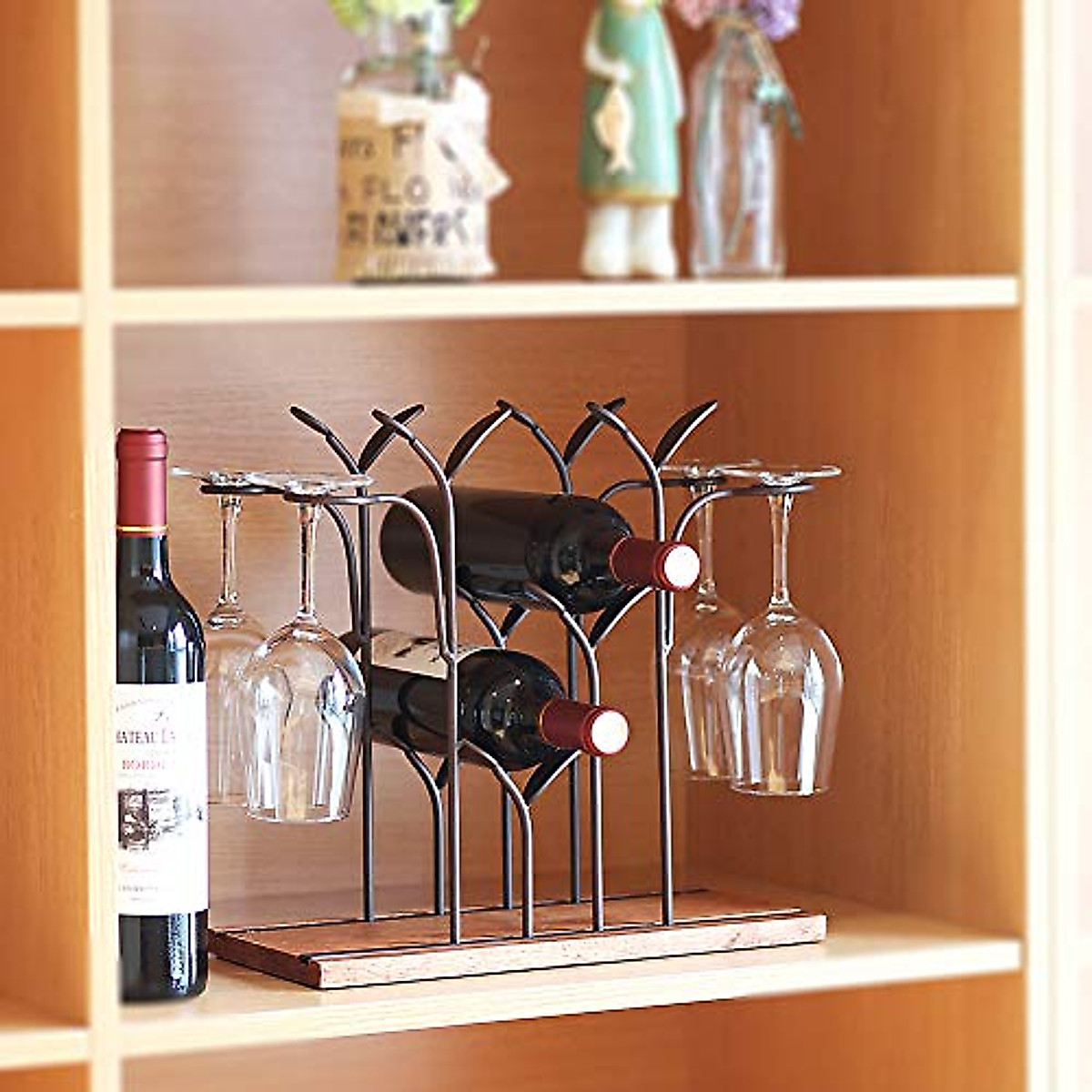 Tabletop Wood Wine Holder, Countertop Wine Rack, Hold 4 Wine Bottles and 4 Glasses, Perfect for Home Decor & Kitchen Storage Rack, Bar, Wine Cellar, Cabinet, Pantry, etc, Wood & Metal (Bronze)