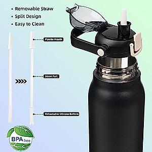 BJPKPK Insulated Water Bottles with Straw, 45 oz Stainless Steel Metal Water Bottle with One-handed Opening Lid, BPA Free Reusable Jugs, Thermos for Gym Sports Outdoors, Black