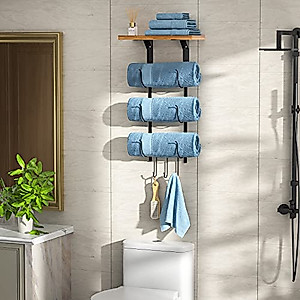 Towel Racks for Bathroom, Towel Holder for Bathroom Wall, Holder Storage with Wooden Shelf and 3 Hooks for Large Small Towels,Yoga Mat Foam Roller