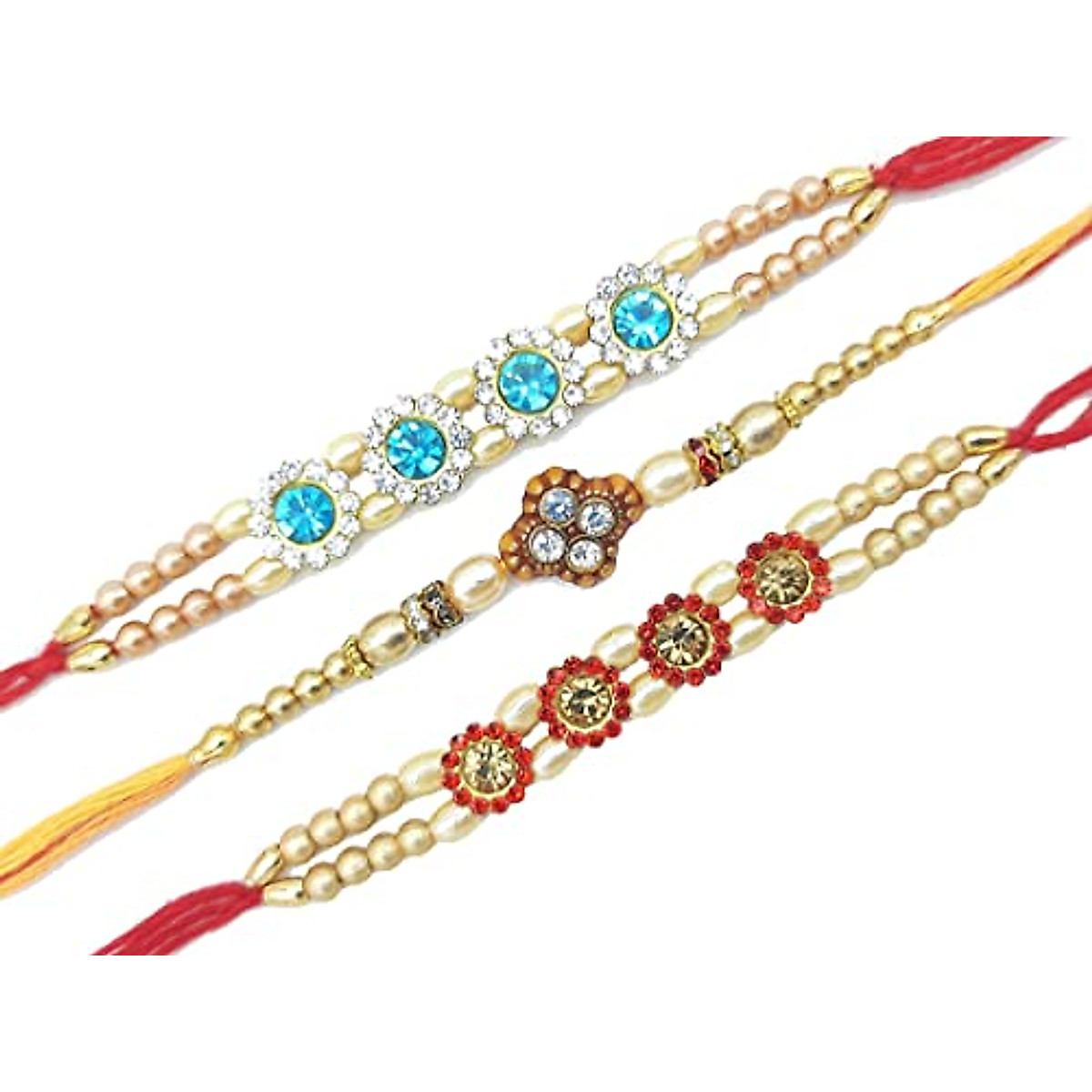 Palak Global Rakhi Bracelet, Wrist Band. Fancy unique beautiful stones blue white, red stones, gift celebration (Fancy Rakhi Set of 3 - Design 1, Small) (PLK32)
