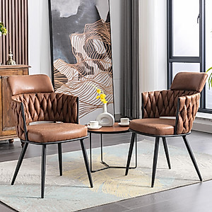BFZ Dining Chairs Set of 2, Mid-Century Modern Dining Chair, Retro Faux Leather Kitchen Dining Room Chairs, Hand Weaving Upholstered Dining Chairs with Metal Legs for Dining Room, Kitchen, Living Room