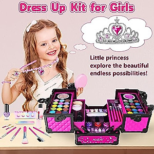 Hollyhi 65 Pcs Kids Makeup Kit for Girl, Washable Play Makeup Toys Set for Dress Up, Pretend Beauty Vanity Set with Cosmetic Case Birthday Toys for Girls 3 4 5 6 7 8 9 10 11 12 Year Old Kids Toddlers
