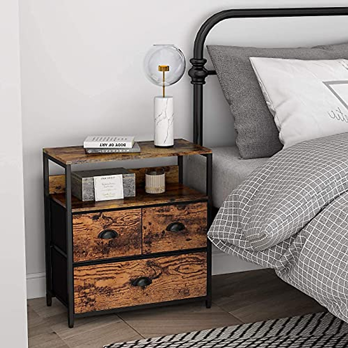 Furologee Vertical 4 Drawer Dresser with Shelves, and 3 Drawer Nightstand, Fabric Storage Tower Unit, Sturdy Metal Frame Furniture,Removable Brown Fabric Bins for Bedroom,entryway,Office