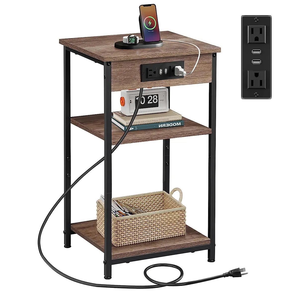 WLIVE Side Table with Charging Station and USB Ports, Small End Tables for Small Spaces, 3-Tier Nightstand with Adjustable Shelf, Bedside Tables, Living Room, Bedroom, Brown
