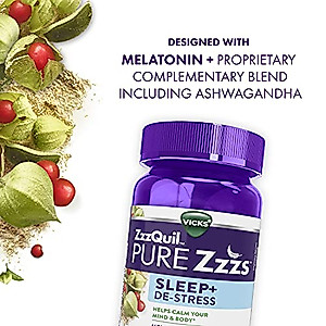 ZzzQuil PURE Zzzs De-Stress Melatonin Sleep Aid Gummies, Helps Calm Your Mind and Body, Ashwagandha for Stress Support, Sleep Aids for Adults, 1 mg per gummy, 60 Count