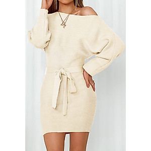 MEROKEETY Women's Off Shoulder Batwing Sleeve Sweater Dress Ribbed Knit Bodycon Mini Dresses with Belt,Beige,M