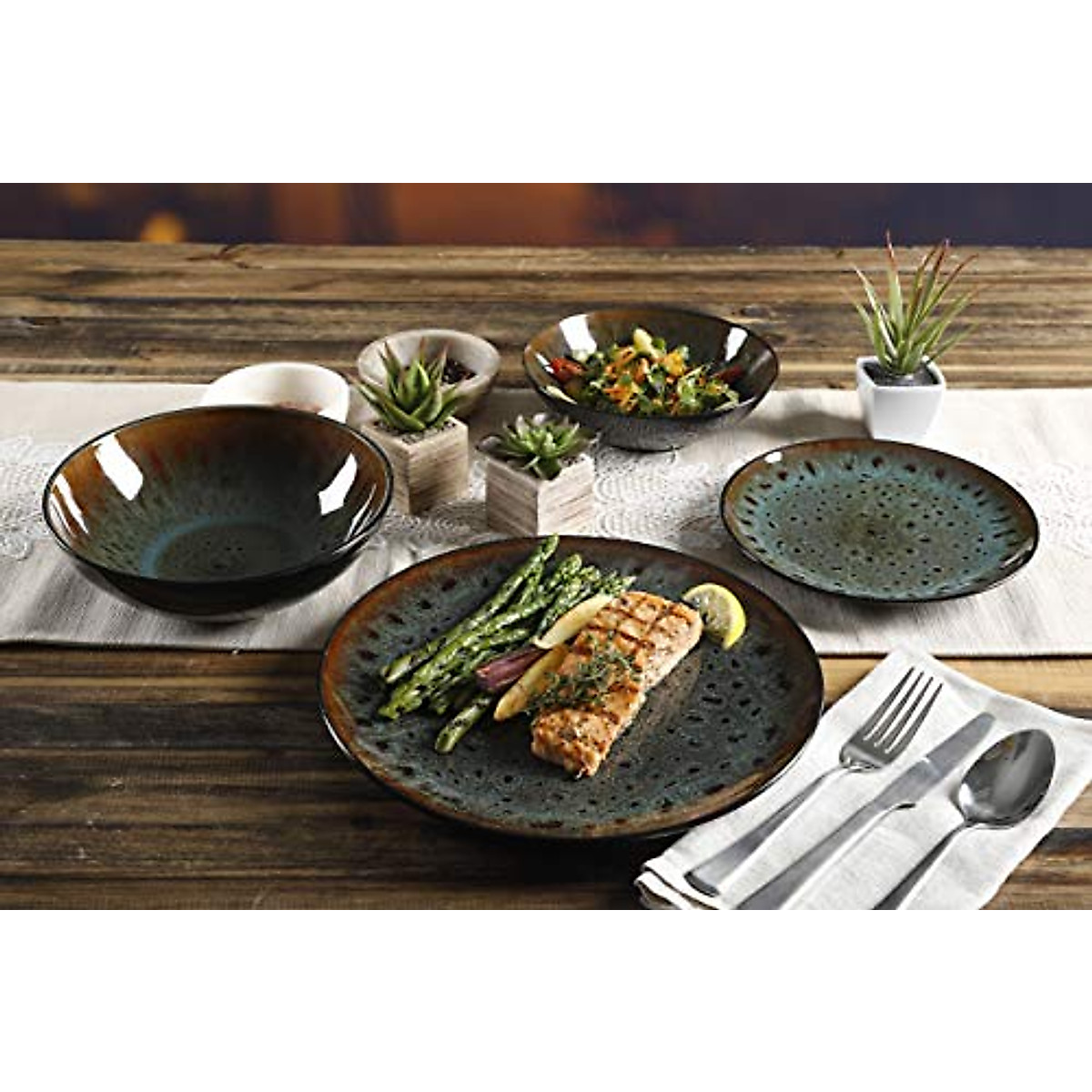 Gibson Elite Kyoto Double Bowl Dinnerware Set, Service for 4 (16pcs), Teal