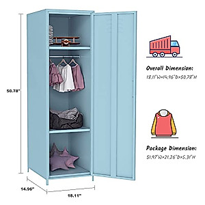 Sweiko Metal Locker Cabinet Storage Cabinet Locker for Bedroom School Classroom Single Door Steel Locker for Toys and Clothes with Hanging Rod and Shelves Blue