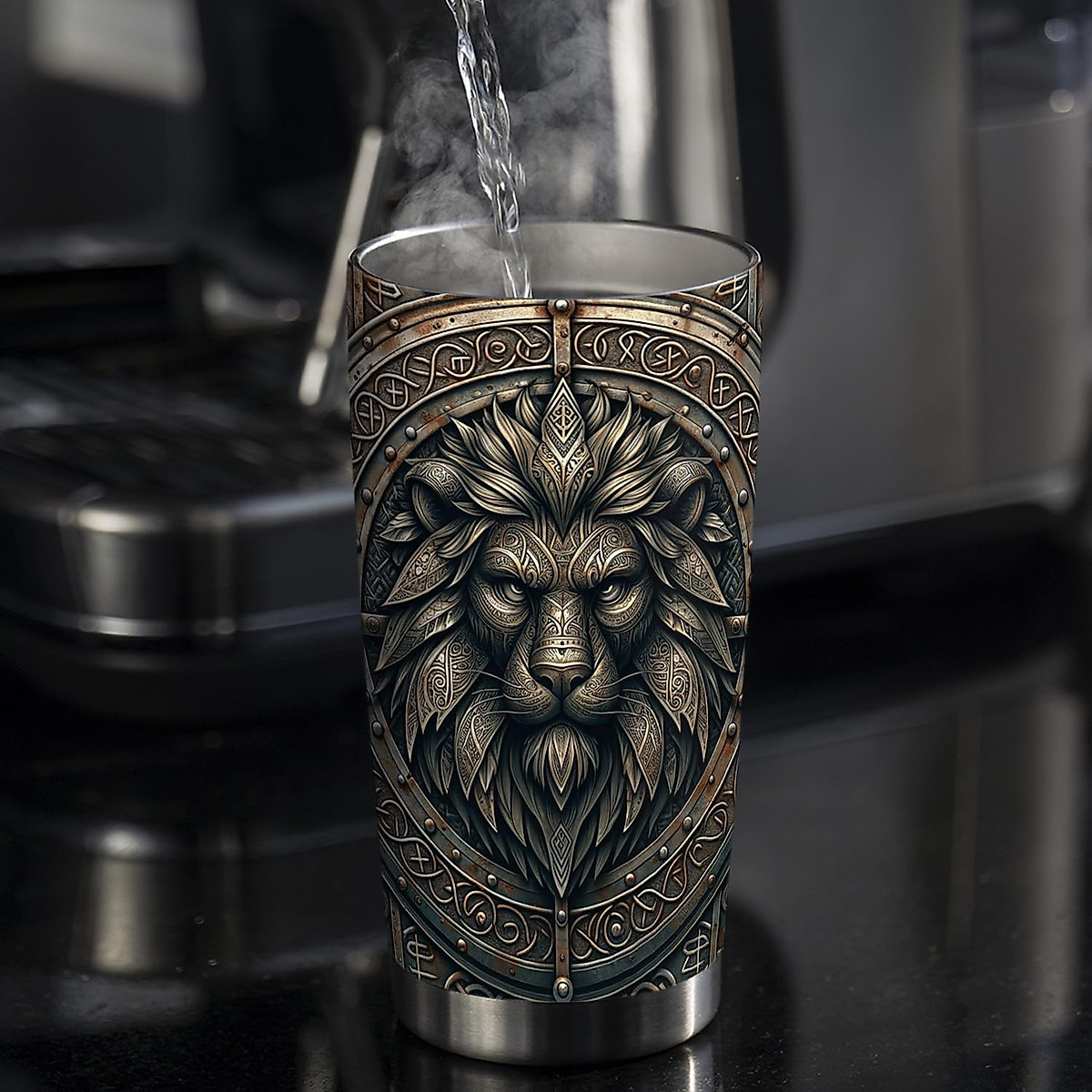 20oz Viking Celtic Warrior Lion Tumbler, Norse Mythology, Viking Gifts for Men, Coffee Thermos for Men, Stainless Steel Double Wall Vacuum Insulated Coffee Mug, Travel Cup with Lid
