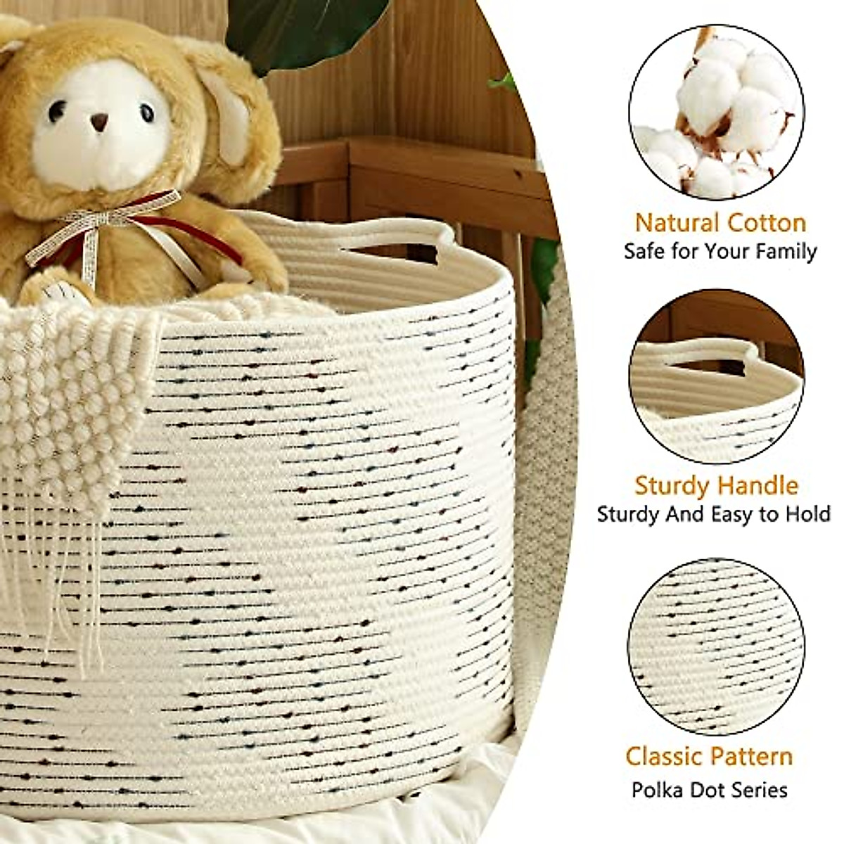 KAKAMAY Large Cotton Rope Blanket Basket (20"x13"),Woven Baby Laundry Hamper，Blanket Basket for Nursery, Laundry, Living Room, Pillows, Toys with Handles （White）