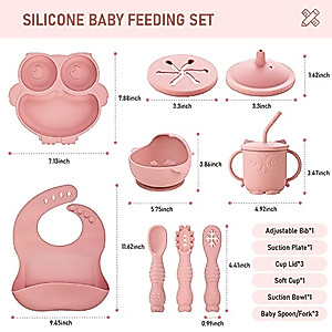 Baby Weaning Set, Silicone Baby Feeding Set(10 Pcs), Toddler Weaning Set with Adjustable Bib, Suction Bowl, Plate, Fork, Spoon, Water & Snack Cup Kit for Babies, Toddler and Kids(Pink)