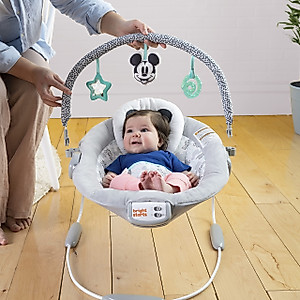 Bright Starts Mickey Mouse Comfy Disney Baby Bouncer in Cloudscapes Includes -Toy Bar with 3 Cute Toys, Plays 7 Soothing Melodies w/Auto Shut-Off, Age 0-6 Months