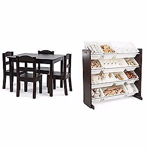 Humble Crew, Espresso Kids Wood Table and 4 Chairs Set, 5-Piece & Modern Toy Organizer with 12 Bins, Espresso/White