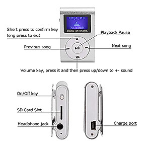 Portable Mini MP3 Music Player, 0.8inch LCD Screen Sports Back Clip MP3 Player Support Memory Card, Mini Digital Music Player for Adult Student(Silver)