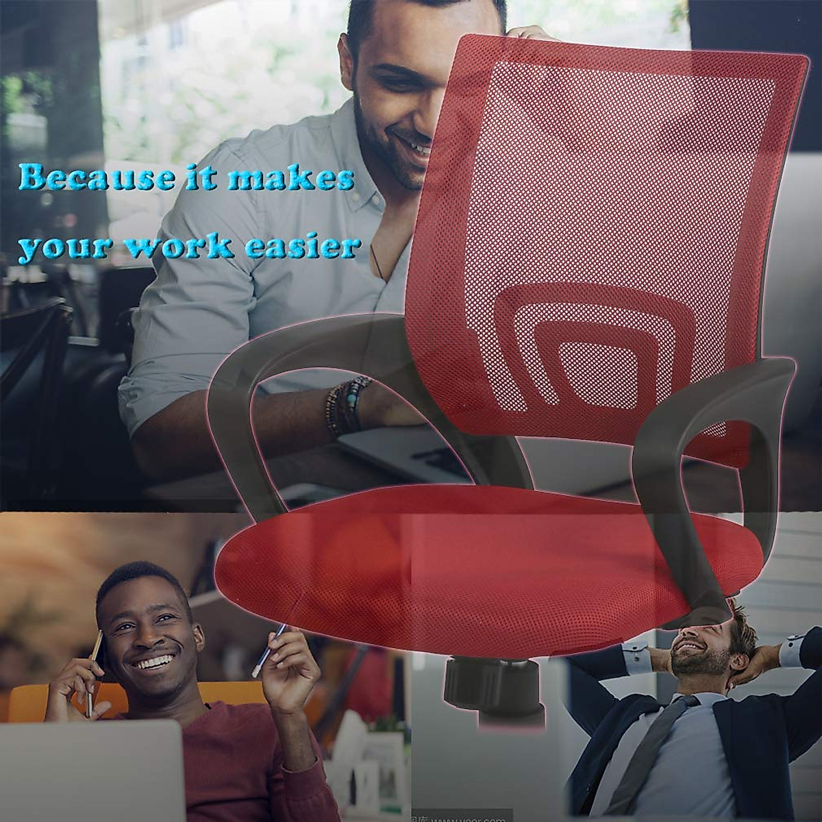 Desk Chair Home Office Chair, Mesh Computer Chairs with Lumbar Support& Armrests, Adjustable Ergonomic Mid-Back Computer Desk Chair, Executive Rolling Swivel Task Chair for Adults,Red