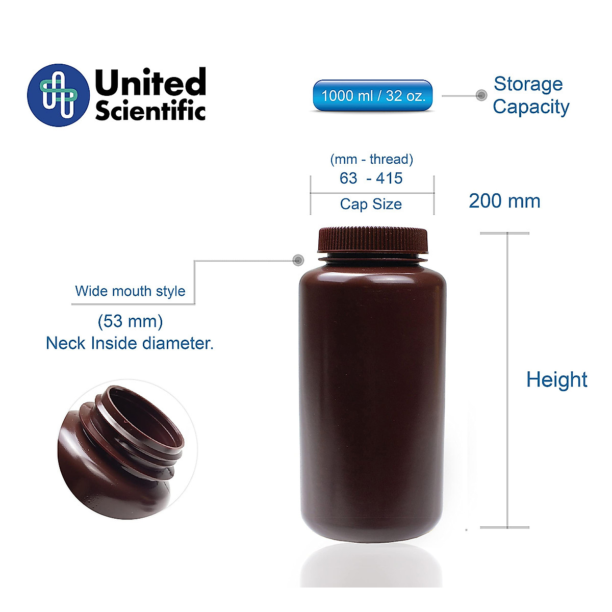 United Scientific Supplies 33466 | Laboratory Grade HDPE Wide Mouth Amber Reagent Bottle | Designed for Laboratories, Classrooms, or Storage at Home | 1,000mL (1L) Capacity | Pack of 6