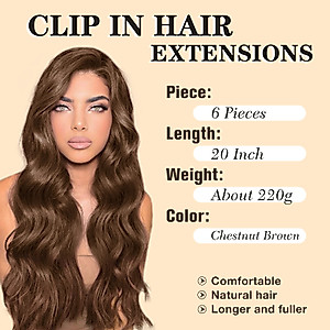 NAYOO Clip in Hair Extensions for Women 20 Inch Long Wavy Curly Chestnut Brown Hair Extension Full Head Synthetic Hair Extension Hairpieces(6PCS,Chestnut Brown)