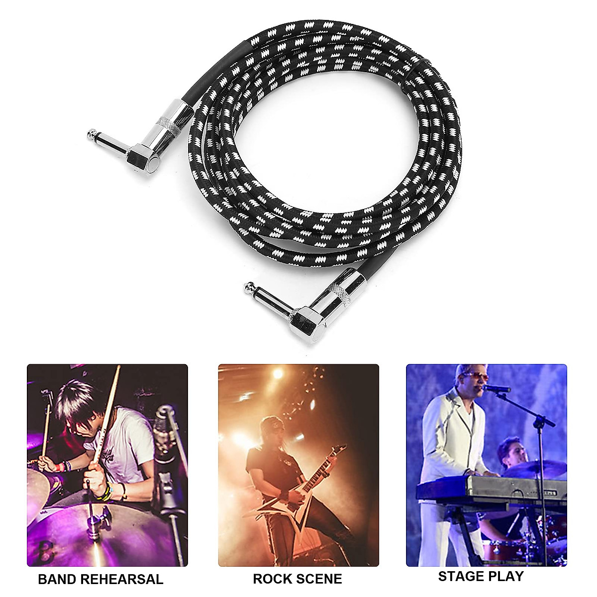 Hilitand Guitar Cable - 6.35MM Male Head Audio Guitar Cable 10ft Electric Guitar Amplifier Cord - Right Angle to Right Angle 1/4 Inch Instrument Cable Guitar Amp Cable(Black-White)