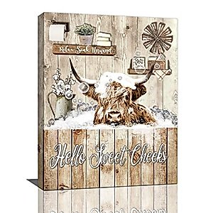 Funny Highland Cow Bathroom Wall Art Rustic Cow Bathroom Pictures Wall Decor Farmhouse Cow Canvas Prints Painting Country Home Decor Framed Artwork for Bathroom Ready to Hang 12"x16"