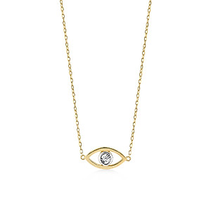Diamond Evil Eye Necklace | 14k Yellow Gold Open Evil Eye Necklaces for Women | 14k Solid Gold Solitaire Diamond Pendant Necklace | Delicate Protection Jewelry | Gifts for Birthday, 18"