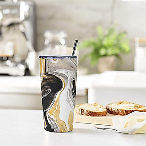 Black and Gold Swirl liquid ink marble 20oz Tumbler Stainless Steel Vacuum Insulated Double Wall Travel Tumbler, Durable Insulated Coffee Mug, Thermal Cup With Lid and Straw for Hot & Cold Drinks