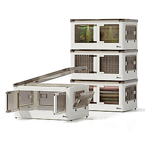 JUSTWOOF Stackable Storage Bins with Lid 3 Pack Collapsible Storage Containers with Wheels 24 Gal Closet Organizers and Storage Clear Folding Storage Boxes for Bedroom,Study Room,Living Room White