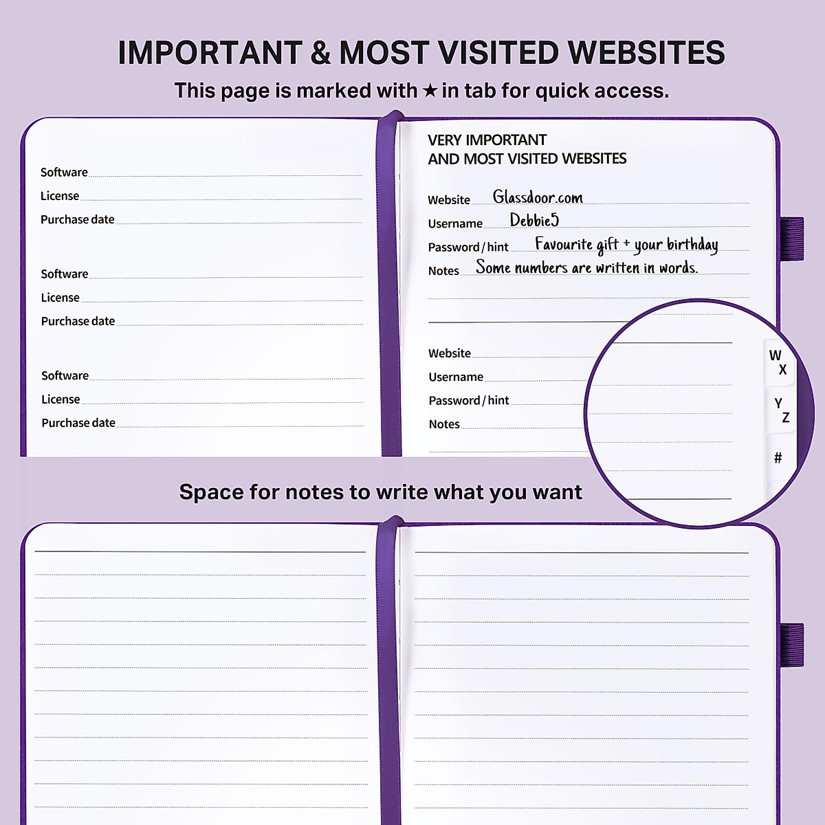 Password Book - Hardcover Password Book with Alphabetical Tabs for Internet Website Address Login, Pocket Size Password Keeper, 5.0" x 6.8", Password Organizer for Home Office Desk Use - Purple
