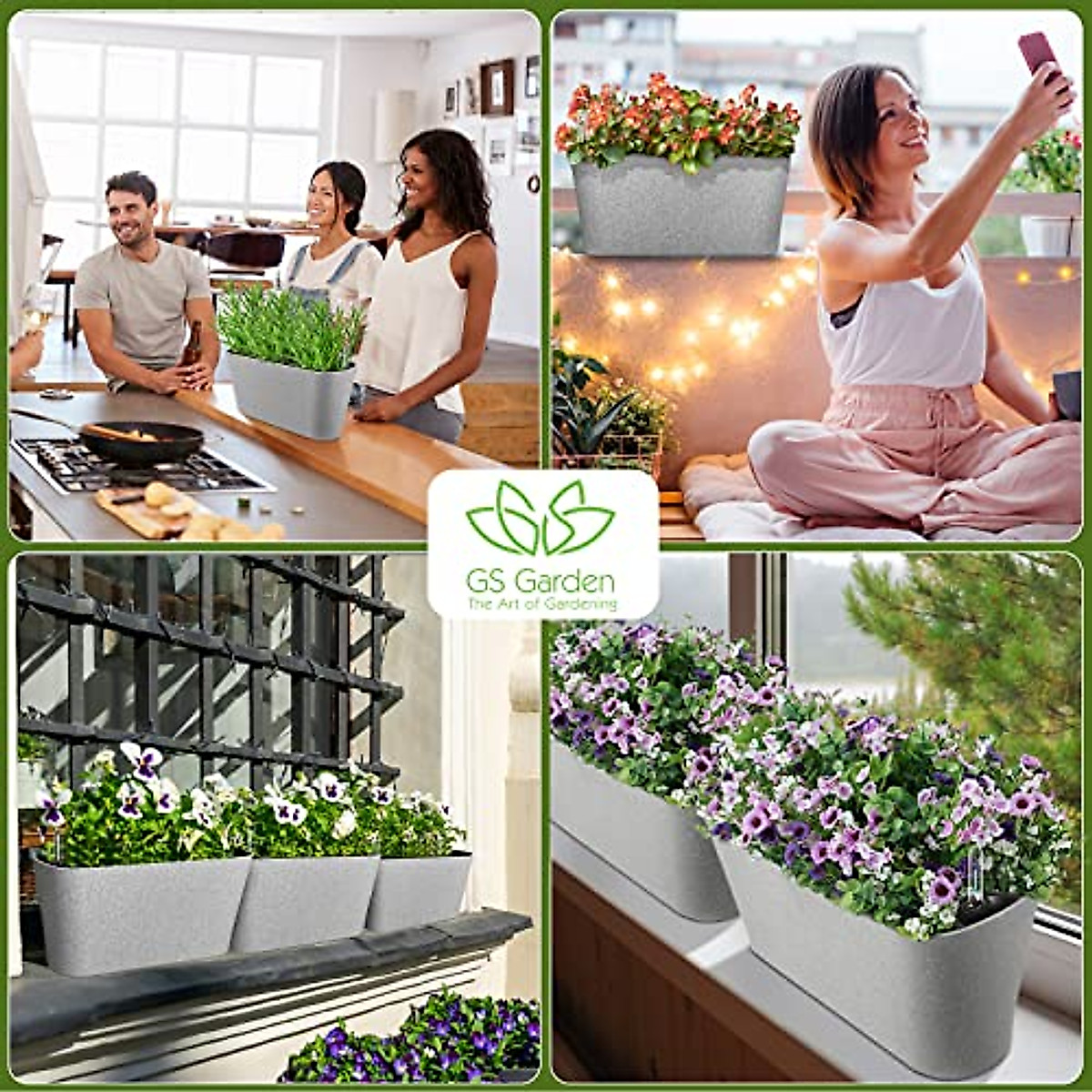 16" Rectangular Self Watering Planters Window Box 2 Pack With Water Level Indicator and Auto Drain Holes for All Outdoor/Indoor Herbs Plants Flowers Pots Residential and Commercial Grade (rocky grey)