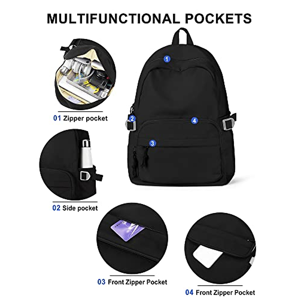 winspansy Small Travel Backpack For Women Men Aesthetic Lightweight Daypack Simple Cute Backpack Waterproof College bag Fit 14 Inch Laptop, Black