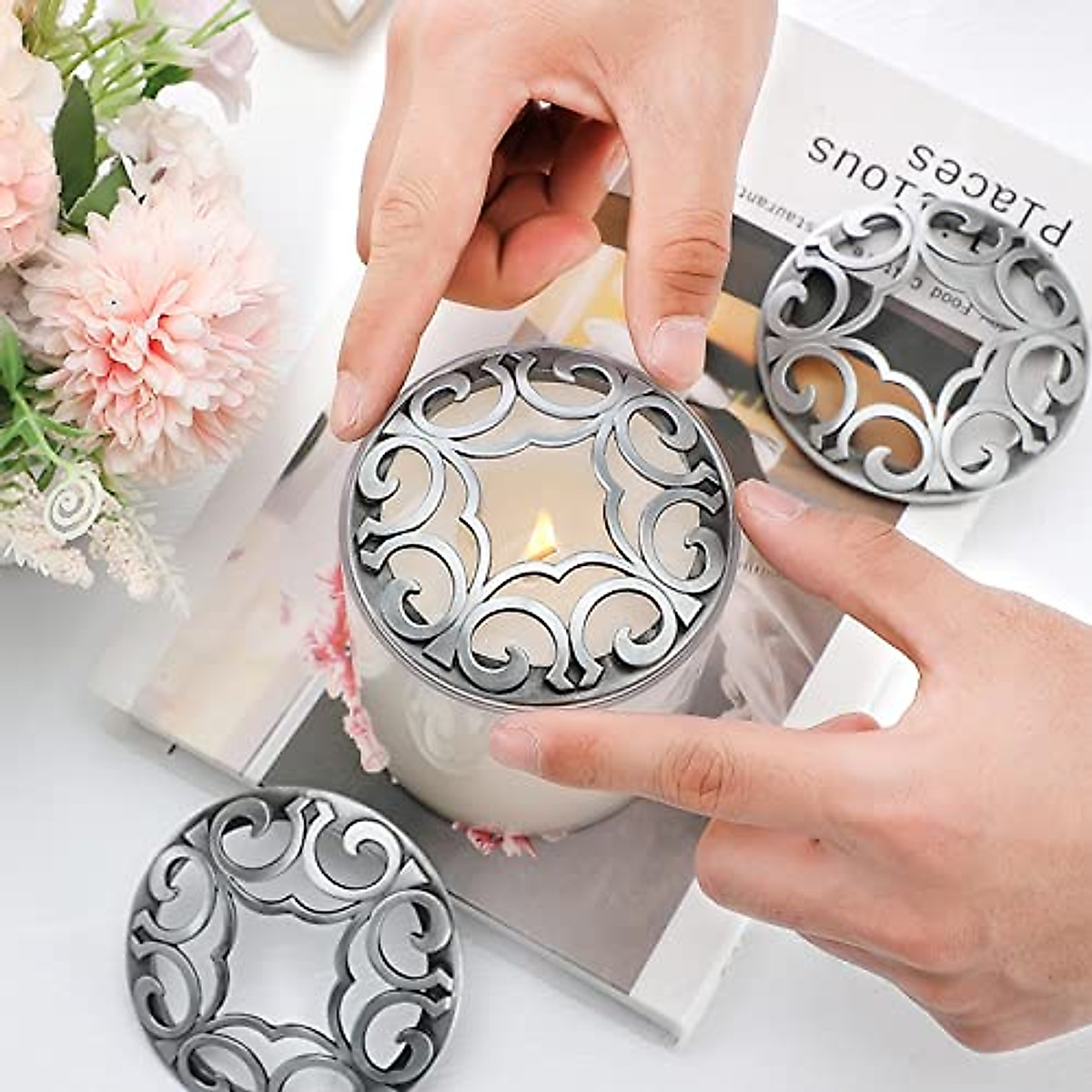 4 Pcs Candle Toppers Jar Candle Cover Scented Candle Toppers to Burn Evenly Large Jar Candle Shades Jar Candle Sleeve Jar Candle Accessories Jar Candle Lid Candles Gifts for Candle Lover, Silver