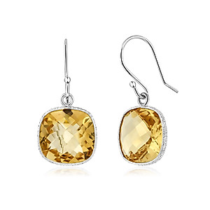 Gem Stone King 925 Sterling Silver Yellow Citrine Stud Dangle Earrings For Women (10.00 Cttw, Gemstone Birthstone, 11MM Cushion Cut)