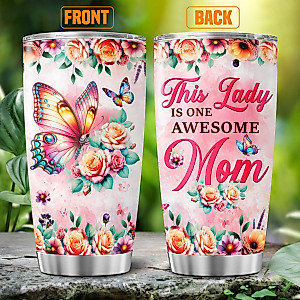 JENOIS Lady Mom Butterfly, Mothers Funny Coffee Floral Day Flower Handle Tumblers Mama Cups Mother For Women Insulated, Tumbler 20 Oz With Lid And Straw, Mom Gifts