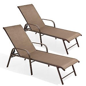 Crestlive Products Chaise Lounge Chair Outdoor with Armrests, Pool Lounge Chairs Set of 2, Aluminum Adjustable 5 Positions Sun Tanning Lounger for Patio, Poolside, Yard, Deck, Backyard (Brown)