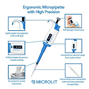 MICROLIT - Complete Starter Kit, Pipettes with 0.5-10ul, 10-100ul, 100-1000ul and 1-10ml Liquid Capacity, 4-Piece Set of Pipettes with a Carousel Stand and Compatible Micropipette Tips