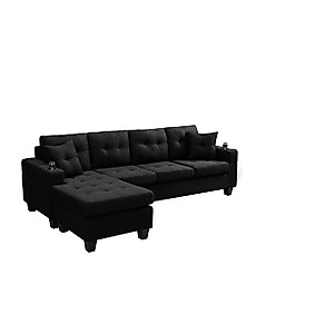BIADNBZ Modern Sectional Sofa with Reversible Chaise Lounge and Two Cupholders, L-Shaped Couch with 2 Pillows for Living Room Apartment, Black