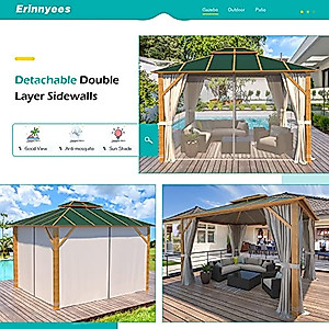 Erinnyees 10' x 12' Wood Grain Hardtop Gazebo, Outdoor Aluminum Composite Double Roof with Privacy Curtain and Mosquito Net for Patio, Lawn, Garden, Deck(Wood Looking, Dark Green)