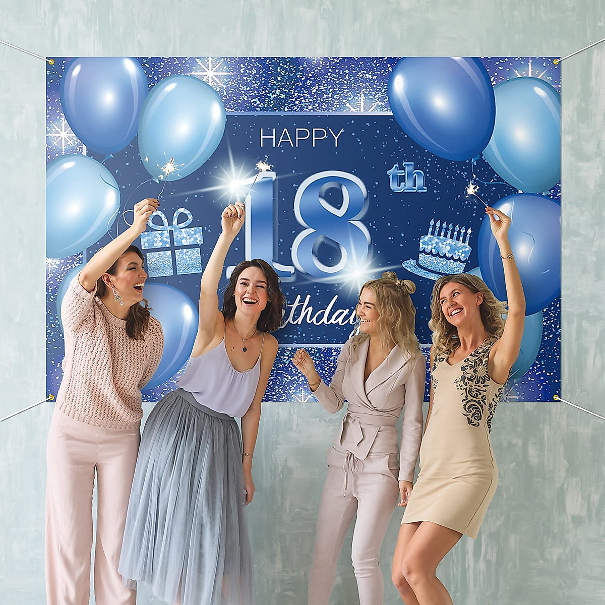 Happy 17th Birthday Backdrop Banner Decor Blue – Dot Glitter Sparkle 17 Years Old Birthday party Theme Decorations for Boys Girls Supplies