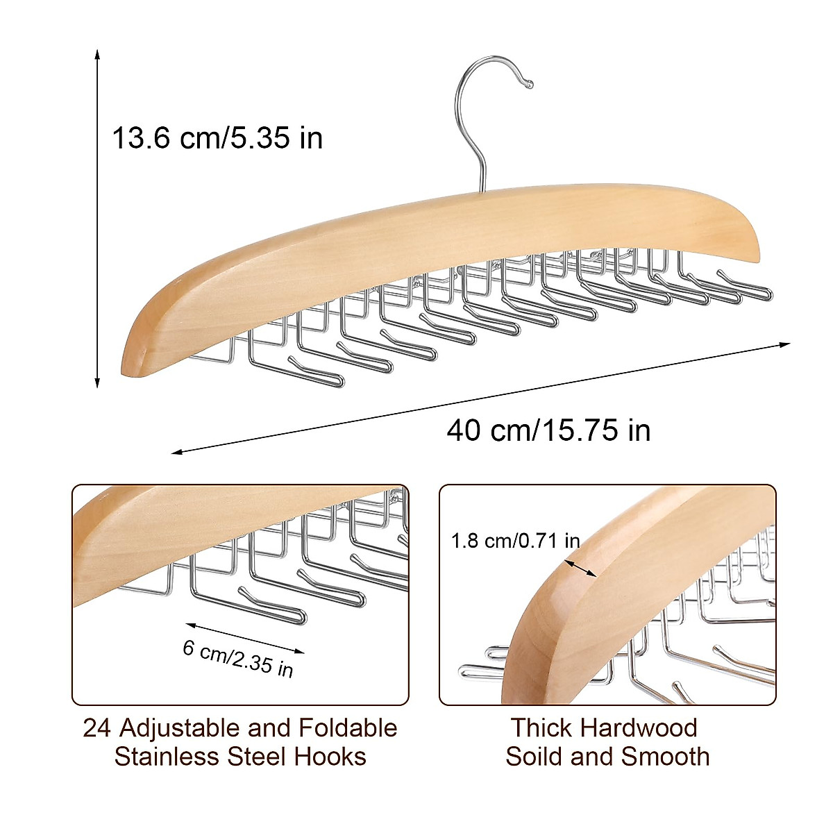 Tie Rack Hanger for Closet,360 Degree Rotating Tie Holder Organizer with 24 Folding Hooks,Wooden Men's Neck Tie Organizer Storage for Belts Tank Tops Scarves