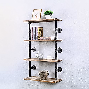 Industrial Pipe Shelf Wall Mounted,Steampunk Real Wood Book Shelves,4 Tier Rustic Metal Floating Shelves,Wall Shelving Unit Bookshelf Hanging Wall Shelves,Farmhouse Kitchen Bar Shelving(24in)