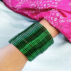 Efulgenz Metal Bangles for Women Indian Jewelry Two Dozen Wedding Bangles Set Plain Glossy Green Bangles Bracelets Bridal Bangle Set Fashion Costume Jewelry Accessories for Women (24 Pcs) Size 2.4