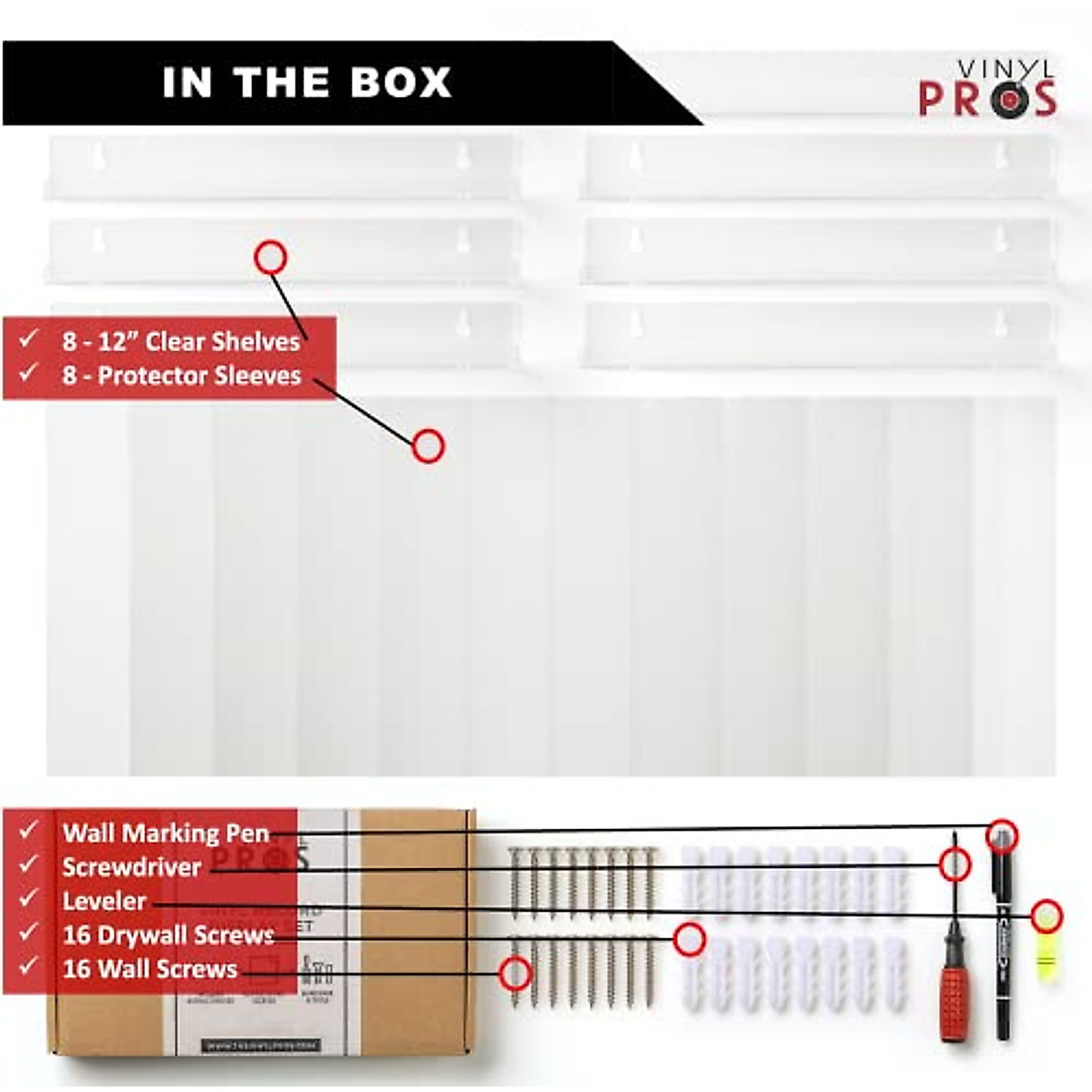 Vinyl Record Display Set - 8 Pack Acrylic Shelf Wall Mount and Protective Sleeves - 8 Clear Vinyl Shelves and 8 Album Protective Sleeves, Installation Tools Included