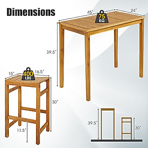 Tangkula 5 Piece Outdoor Acacia Wood Bar Table Set, 45" Rectangular High Top Table with 4 Saddle Seat Bar Height Stools, Space-Saving Patio Dining Set for 4, for Deck, Garden and Porch