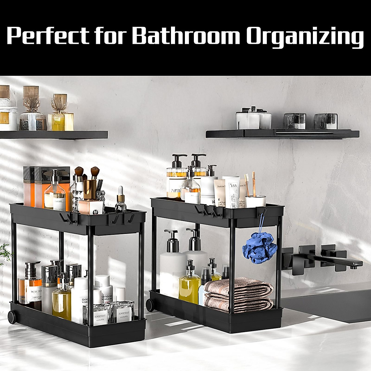 Cicilyna Under Sink Organizer, Under Cabinet Basket Organizer Drawer with Hooks, Bathroom Standing Rack, Multi-purpose Storage Shelf, Black