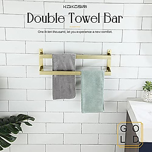 KOKOSIRI 20'' Towel Bars Bathroom 2-Tiers Ladder Bath Towel Hook Wall Mount Square Robe Hook Coat Hook Brushed Gold B5008BG-L20+B1010BG-P2