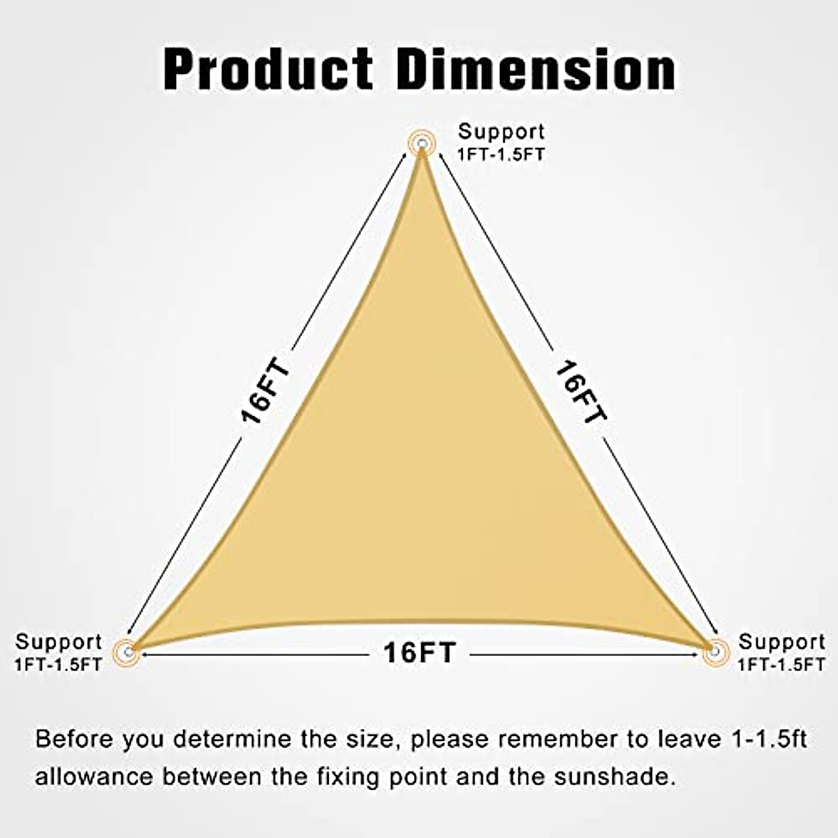MR. COVER Triangle Sun Shade Sail 16 x 16 x 16 ft Rectangle for Patio Garden Backyard Outdoor Facility, Rip-Resistant & UV-Block, Double Stitched, Sand Color