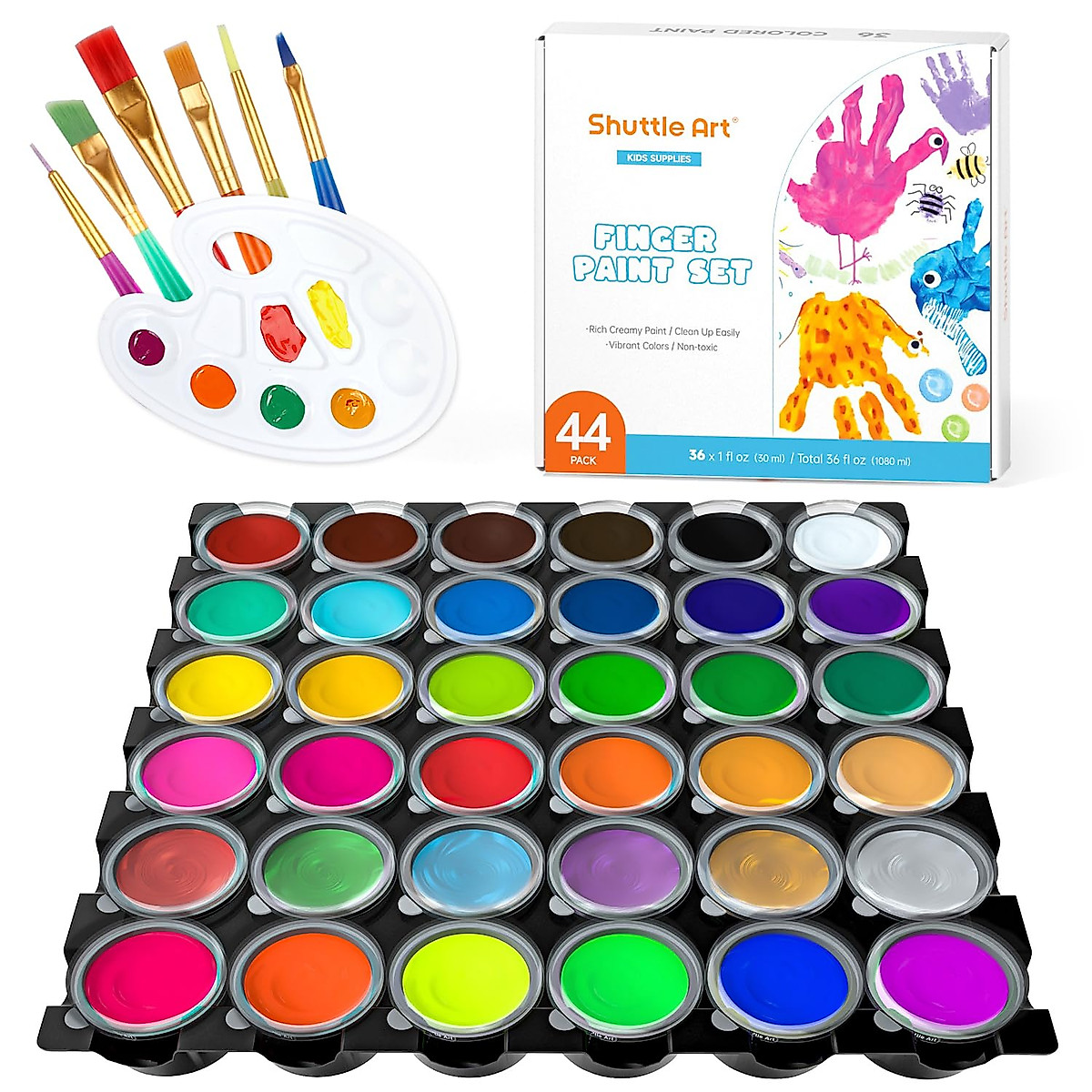 Shuttle Art Washable Finger Paint, 44 Pack Kids Paint Set with 36 Colors Toddler Paints(30ml, 1oz) for Toddlers, Paint Brushes, Finger Paint Paper Pad, Palette, Non Toxic Paint for Kids Art & Craft